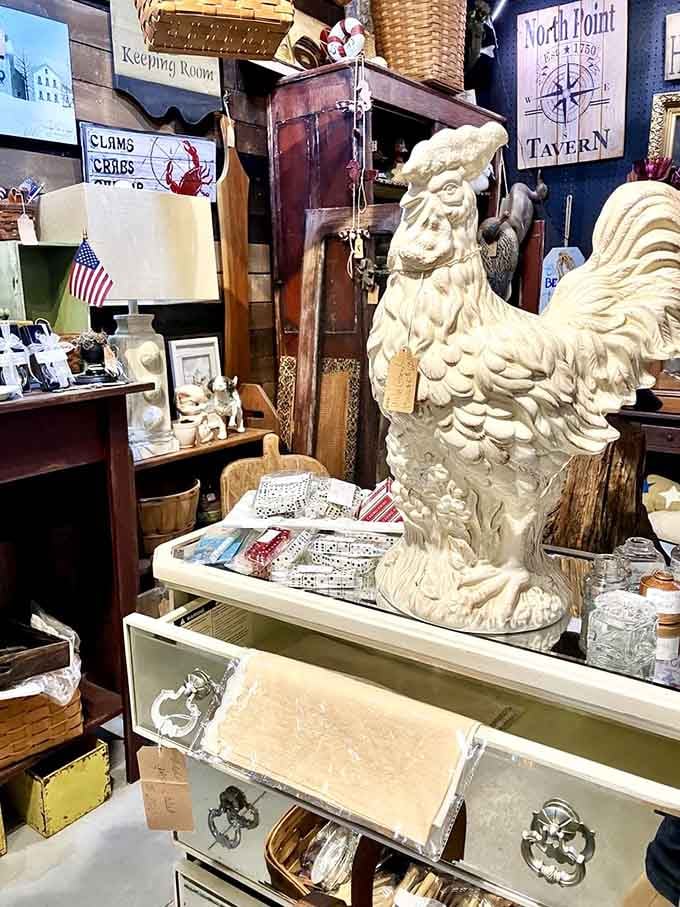 Vintage finds and decorative treasures create vignettes that would make any antique hunter's heart skip several happy beats.
