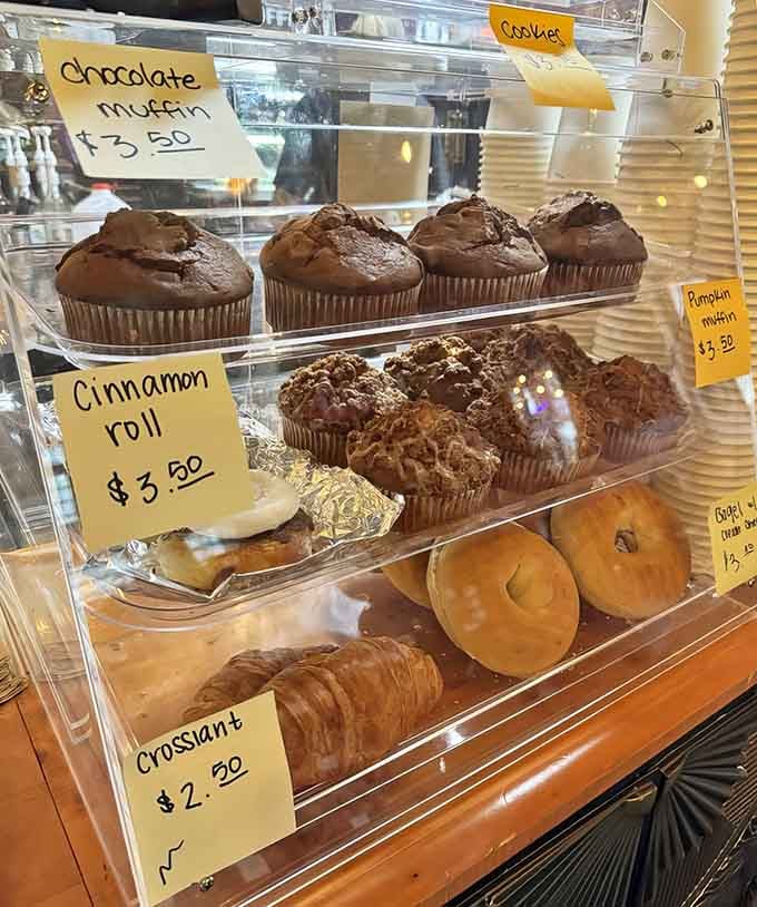 Chocolate muffins, cinnamon rolls, and croissants beckon from behind glass like edible treasures waiting to be discovered.