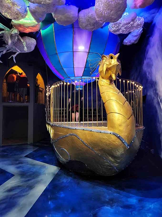 A golden dragon boat floating among mystical orbs, because why should reality have all the fun?