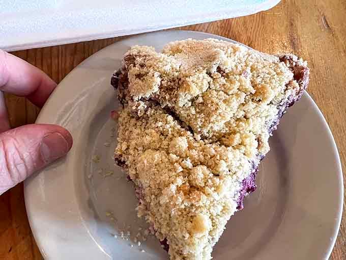 When one slice isn't enough, that buttery crumb topping becomes your new best friend and confidant.