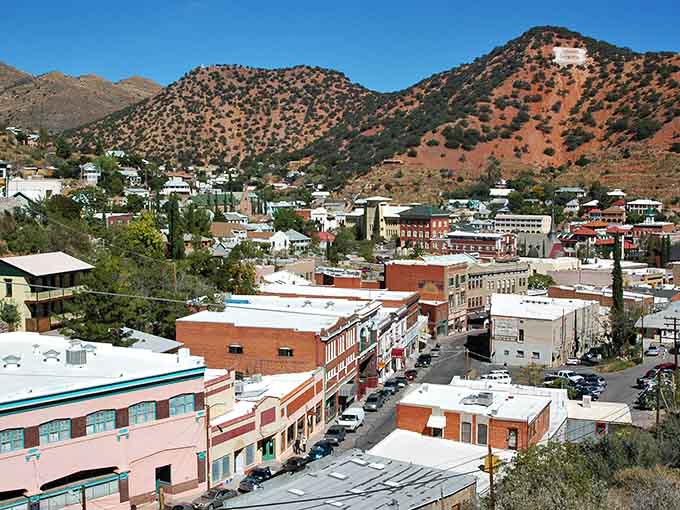 Bisbee sprawls across the hillside in layers, each building telling its own copper-mining story from long ago.
