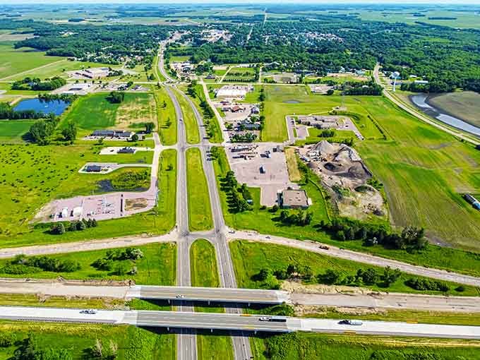 Aerial views reveal how farmland and town blend together in perfect Midwestern harmony and balance.