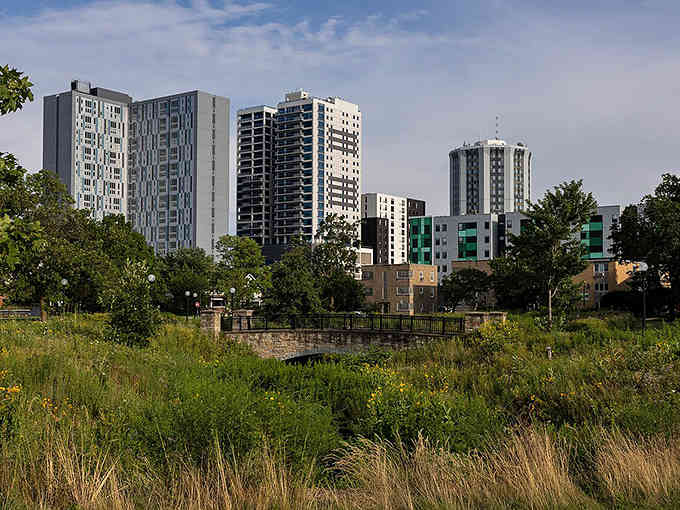 Modern towers rise from prairie grasses, proving cities and nature can share space without too much arguing.