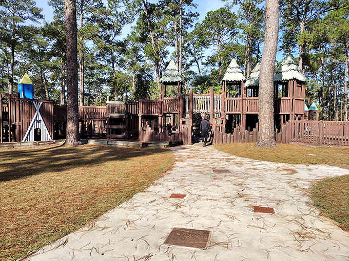This wooden castle playground among the pines turns ordinary park time into an adventure worthy of knights and dragons.