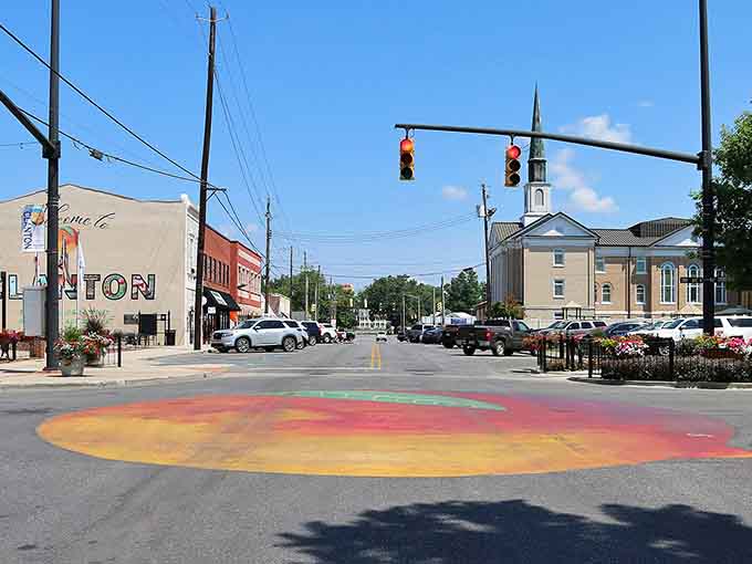 That cheerful "Welcome to Clanton" mural and colorful street art transform pavement into a canvas of community pride.