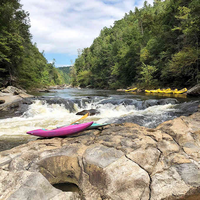 Mountain rivers and colorful kayaks promise adventure that doesn't require a smartphone or WiFi connection whatsoever.