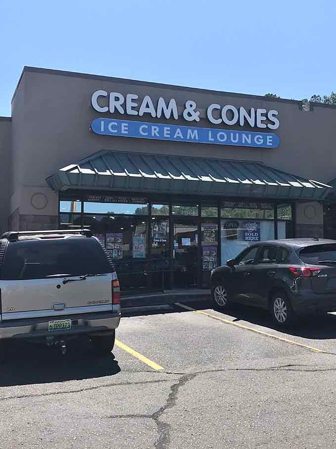 Modern signage and a packed parking lot prove this ice cream lounge knows exactly what today's sweet tooth craves.