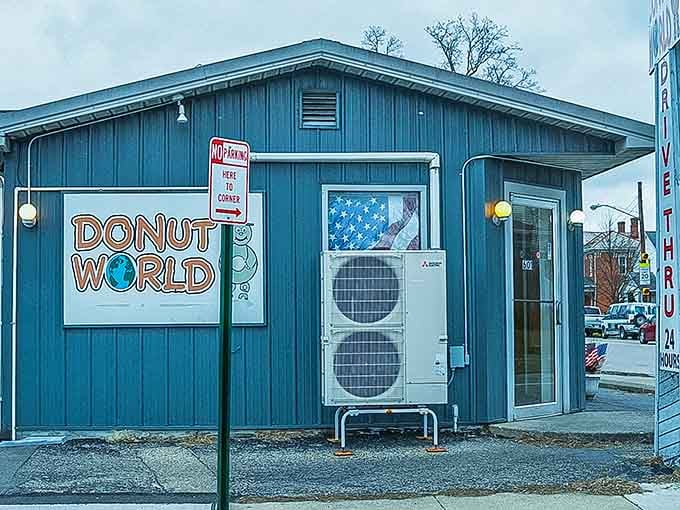 The bright blue exterior makes this little shop pop against the gray sky like a sapphire in a jewelry box.