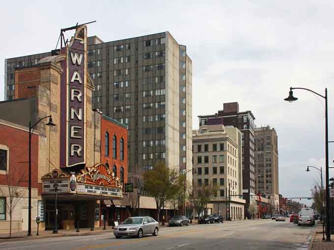 Erie's vintage Warner Theatre sign towers over the street like a beacon from Hollywood's golden age, right here in Pennsylvania.