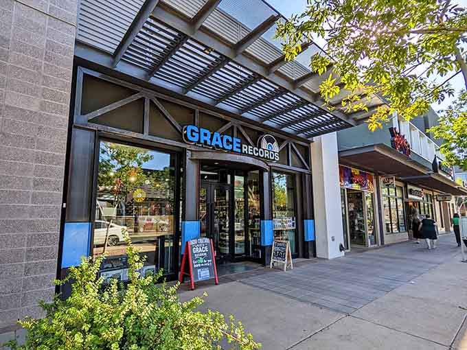 Modern architecture meets timeless vinyl passion under that sleek overhang, proving record stores belong in every era.