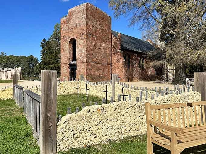 Ancient brick ruins stand testament to America's first permanent English settlement, where history literally rises from the ground.