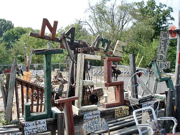 Towering metal sculptures transform scrap into powerful statements about history, struggle, and triumph through art.