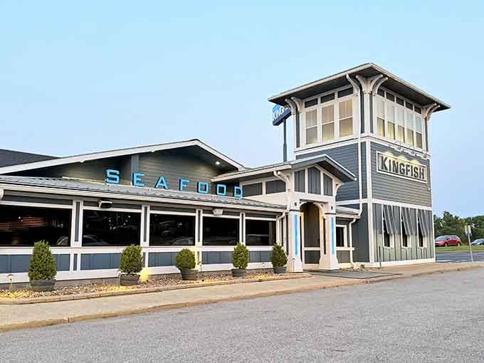 The two-story tower with its coastal architecture brings beachside vibes to landlocked diners seeking fresh catches.