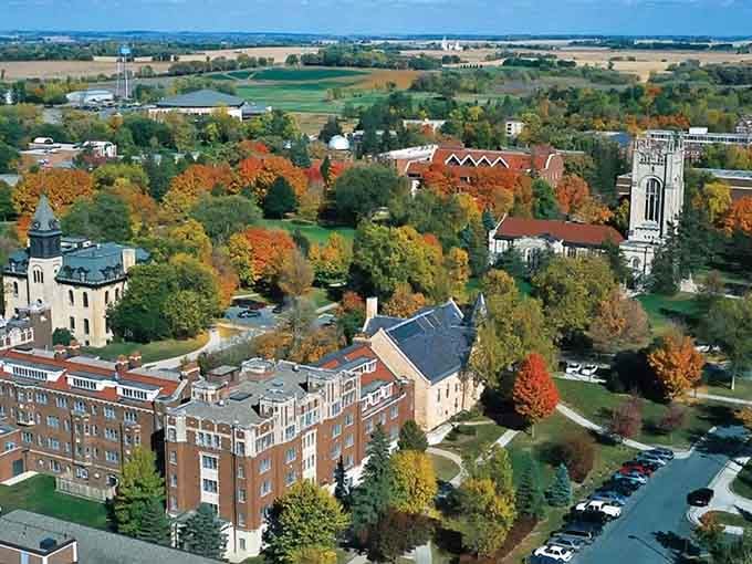 Autumn colors paint the landscape around the college campus, where education and community intertwine beautifully.