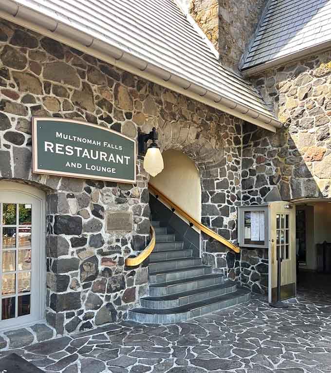 Historic stone walls built in the 1920s cradle diners lucky enough to eat beside Oregon's tallest waterfall.
