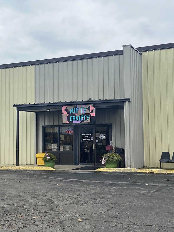 The retro-inspired sign and cheerful planters welcome you to a resale shop that's truly living up to its name.