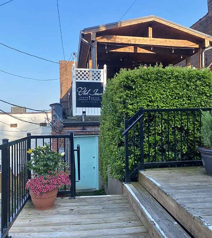 Lush greenery and string lights transform this wooden deck into a magical evening dining destination worth discovering.