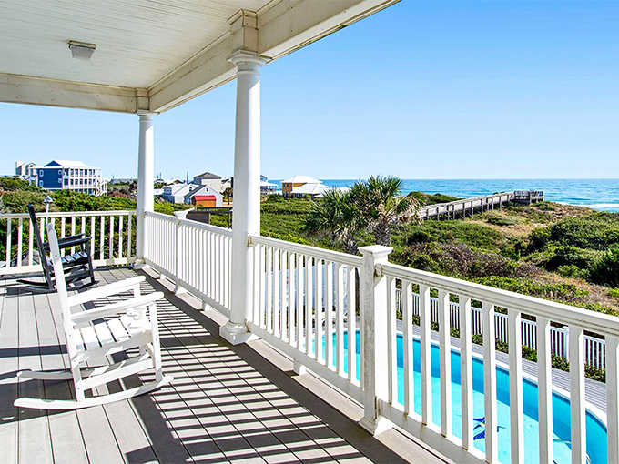 This classic porch overlooks ocean views that make every meal taste better, especially when fresh seafood's on the menu.