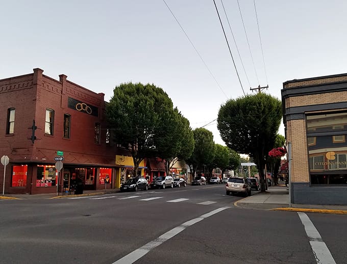 Brick facades and mature trees line this charming downtown where antique stores hold treasures waiting to be discovered.