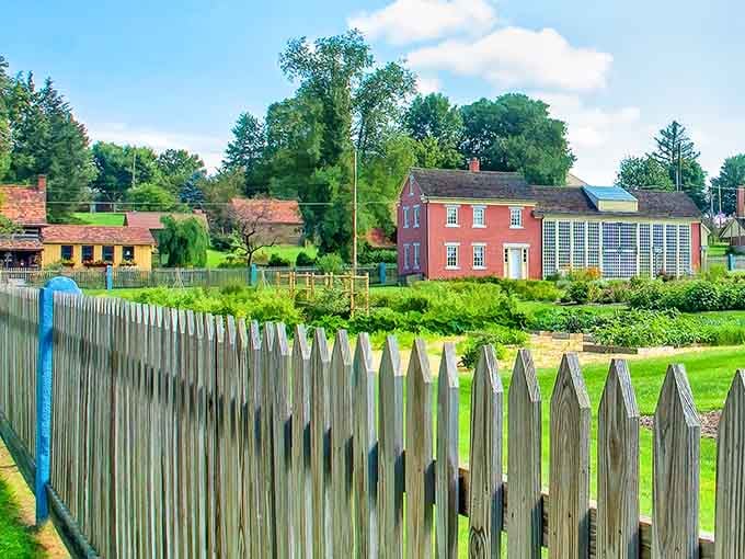 White picket fences frame colorful historic buildings in this pastoral village where communal living once flourished peacefully.