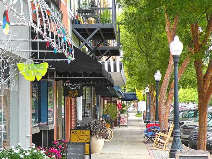 Colorful storefronts and tree-lined sidewalks create the walkable downtown where local shops thrive and neighbors gather daily.