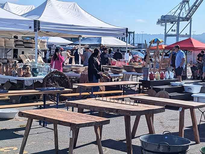 Vintage benches and tables create an outdoor showroom where mid-century dreams come true at surprisingly reasonable prices today.