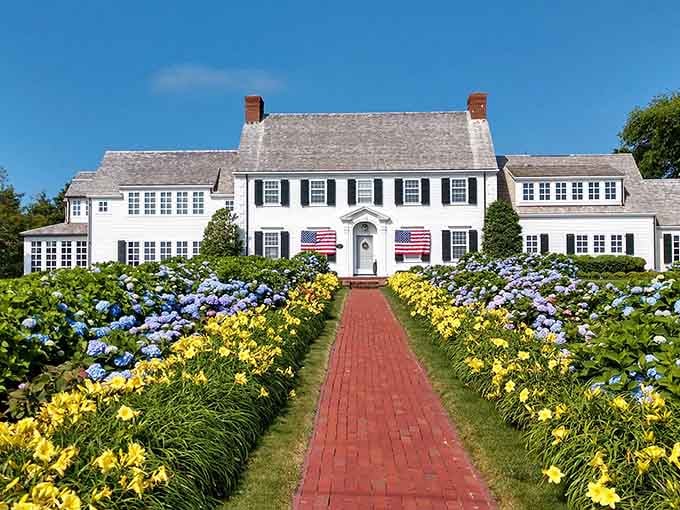 Blue hydrangeas and yellow daylilies frame this classic white colonial like nature's own welcome mat to American history.
