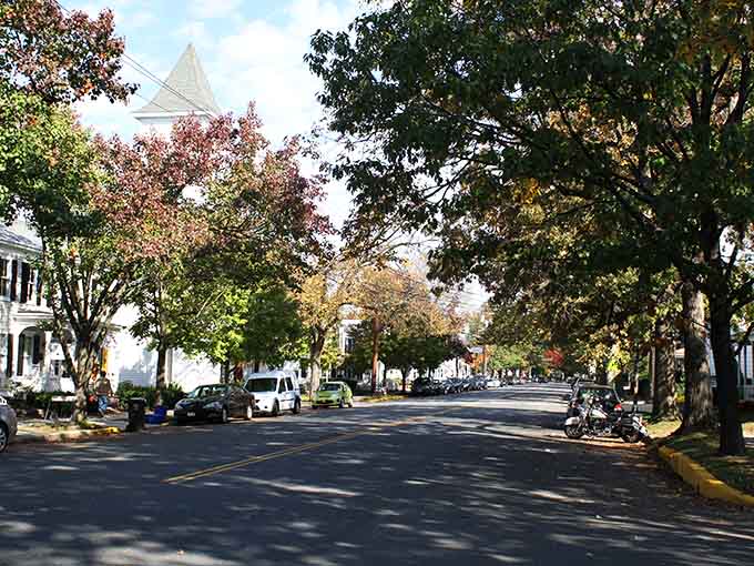 Wide streets and majestic trees create a Main Street America scene that Norman Rockwell would have loved painting.