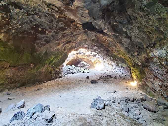 Delicate rock formations coat the walls, defying summer heat in this natural deep freeze beneath the desert.