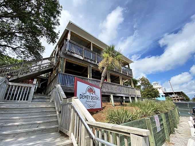 Multi-level decks mean everyone gets a view, because watching boats while eating seafood is basically mandatory here.