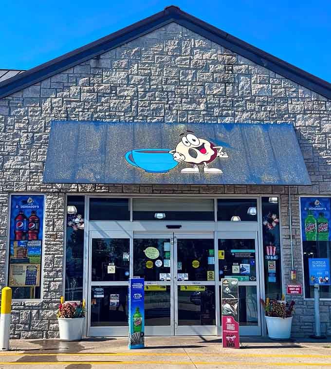 The playful mascot above the entrance sets the tone: this place doesn't take itself seriously, just its doughnuts.