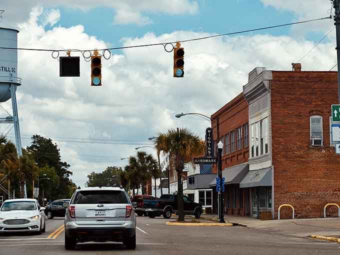 Palm trees frame the main drag where traffic lights sway gently in the coastal breeze.