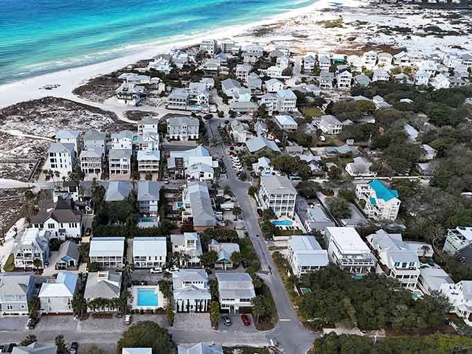 From above, Grayton Beach reveals its secret: turquoise waters meeting white sand in a combination that never gets old.