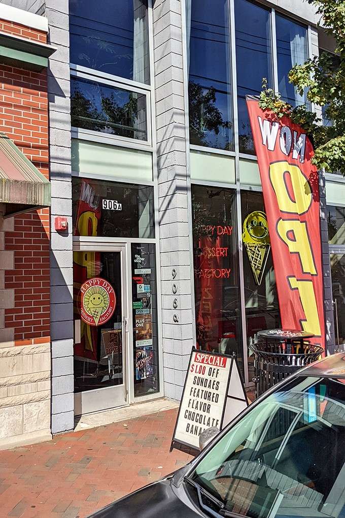 That cheerful smiley face cone knows something you don't yet: the creamy perfection waiting inside this bright dessert destination.