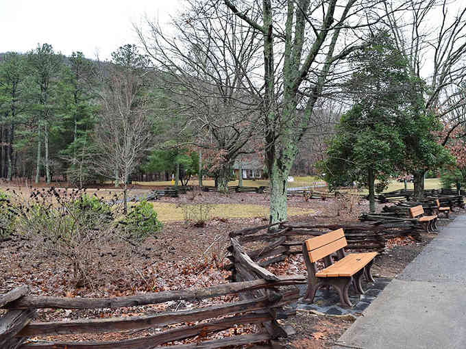 Take a seat and soak it in. These orange benches and split-rail fences are rustic perfection for an afternoon stroll.