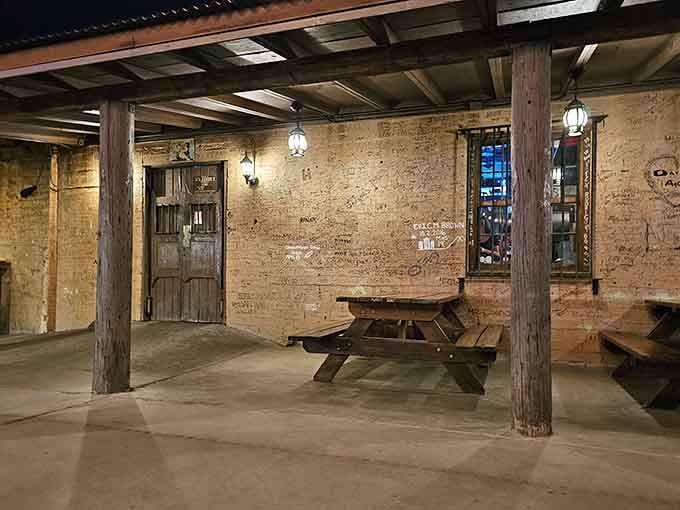 Weathered wood beams and vintage lanterns transport you straight to the Old West cattle country.