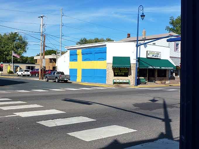 That blue water tower stands sentinel over Main Street like a Swedish flag planted in American soil.