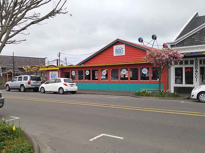 That bright red building practically shouts "welcome" with turquoise trim that's bolder than your aunt's favorite lipstick shade.