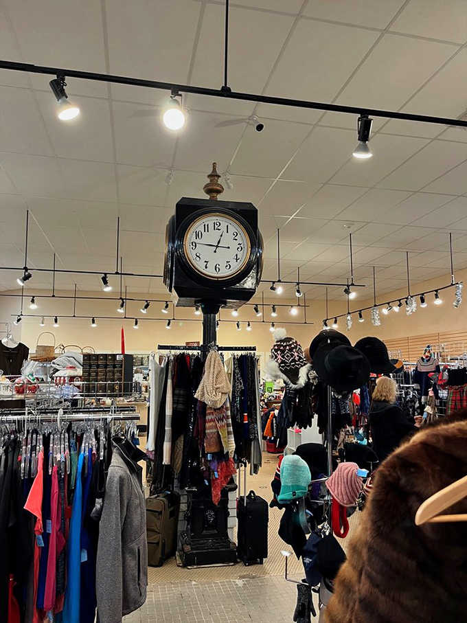That vintage clock stands tall like a beacon guiding shoppers through aisles of affordable fashion possibilities.