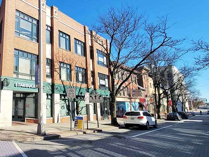 Bare winter branches frame downtown streets where Starbucks and local businesses coexist in peaceful small-town harmony.