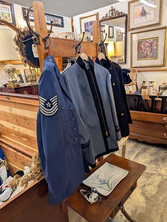 Military uniforms hanging with dignity, each one representing someone's service and sacrifice to our country.
