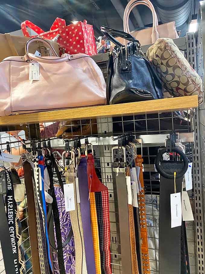 Belts hanging like colorful pasta at an Italian market, ready to hold up your pants with unexpected flair.