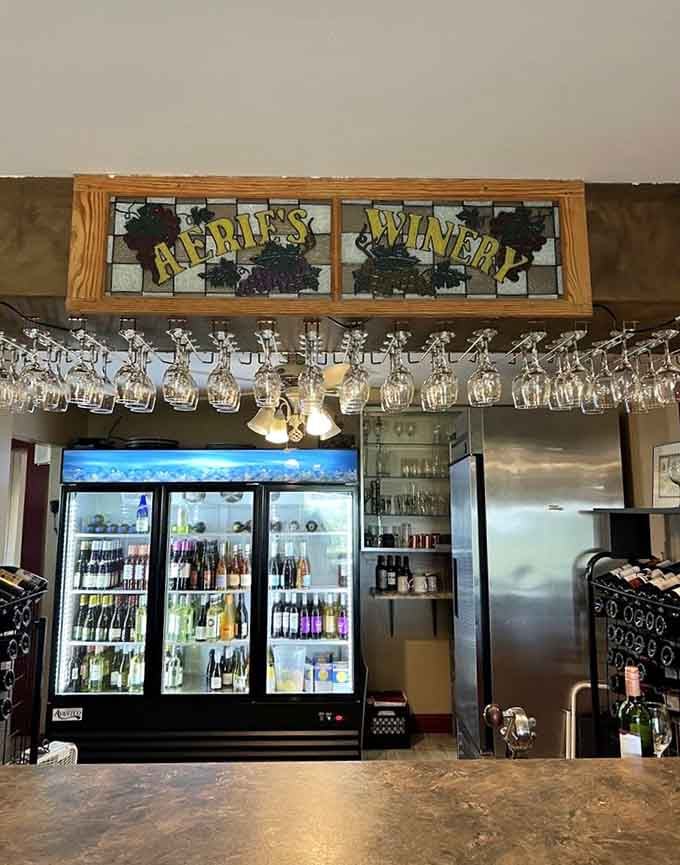 Stained glass grapes and gleaming glassware signal good times ahead at this bluff-top gathering spot.