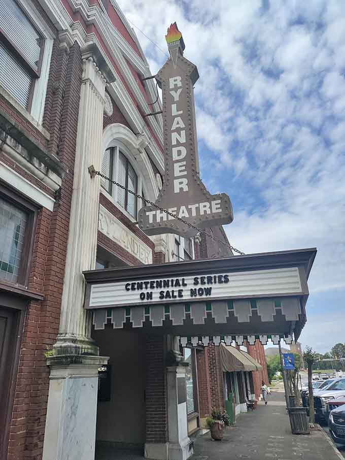 The Rylander Theatre's vintage marquee reminds you that entertainment existed long before Netflix decided what you should watch next.