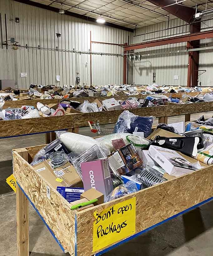 That handwritten sign promises unopened packages, which is basically the holy grail of bargain hunting adventures.