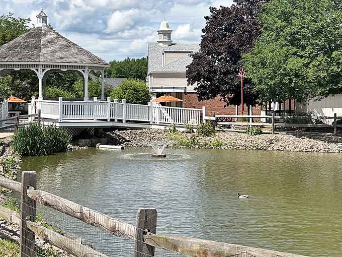 A peaceful pond with ducks and a gazebo proves shopping centers can have soul and serenity too.