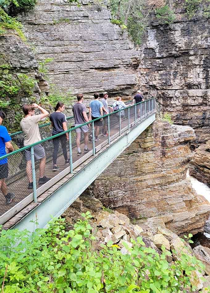 Crossing bridges suspended over rushing water, where every step feels like you're walking through geological history come alive.