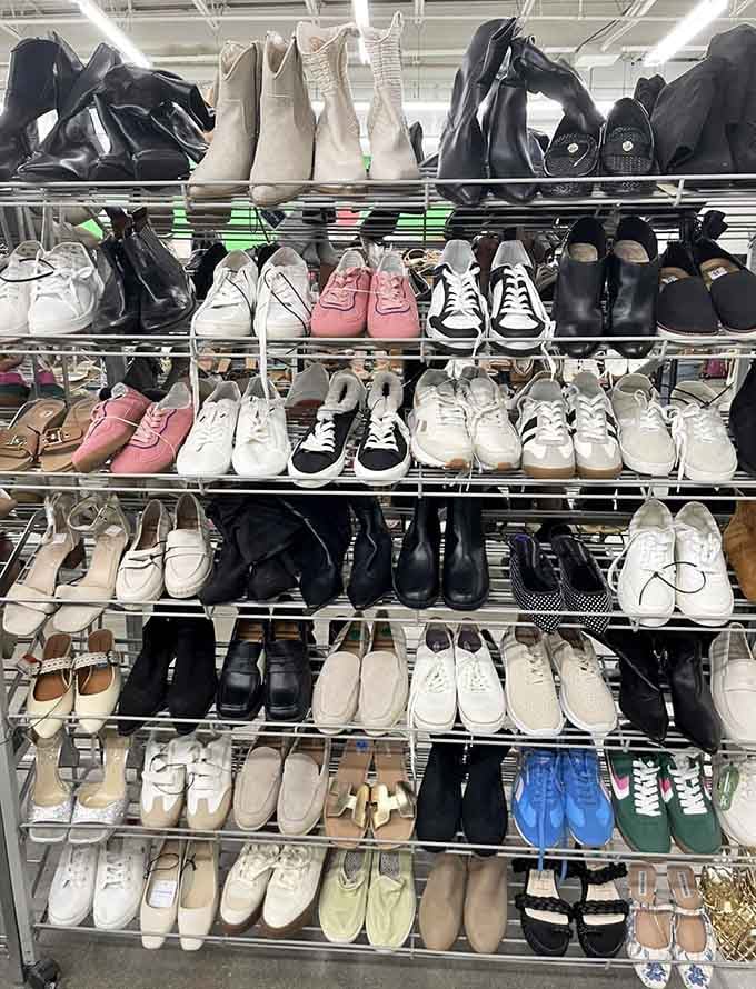 Sneakers and sandals arranged in perfect rows, offering footwear options that won't make your wallet cry for mercy.