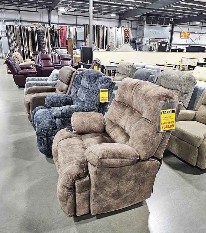 A lineup of plush recliners invites serious test-sitting, because finding your perfect napping throne requires hands-on research.