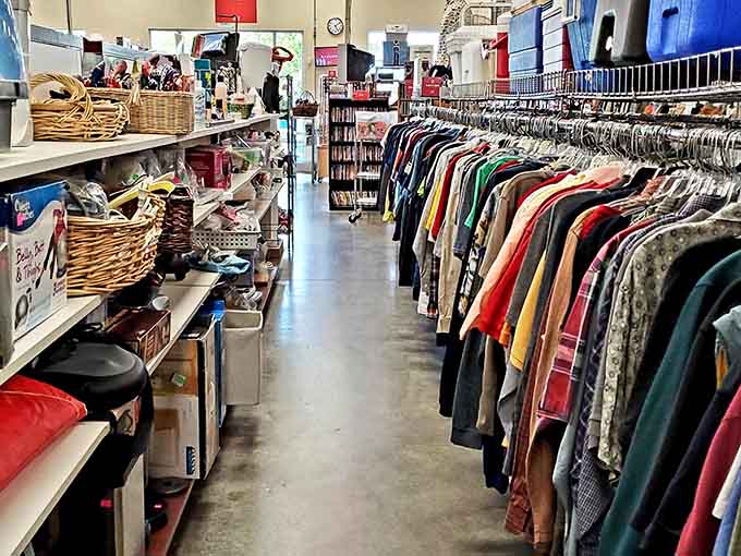 Wide aisles lined with secondhand treasures make browsing feel less like shopping and more like exploring.